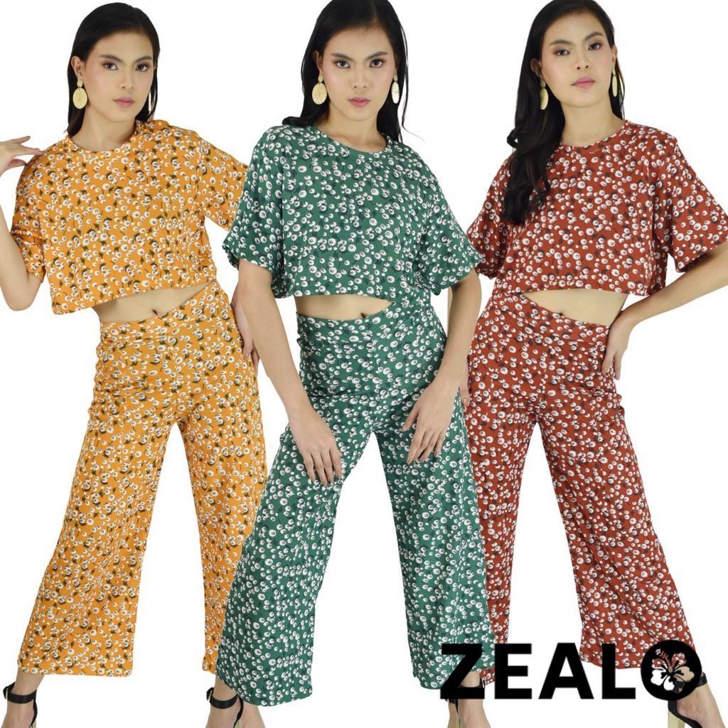 ZEALO Roxanne Terno Rust Floral Short Sleeves Crop Top And Wide Legs ...