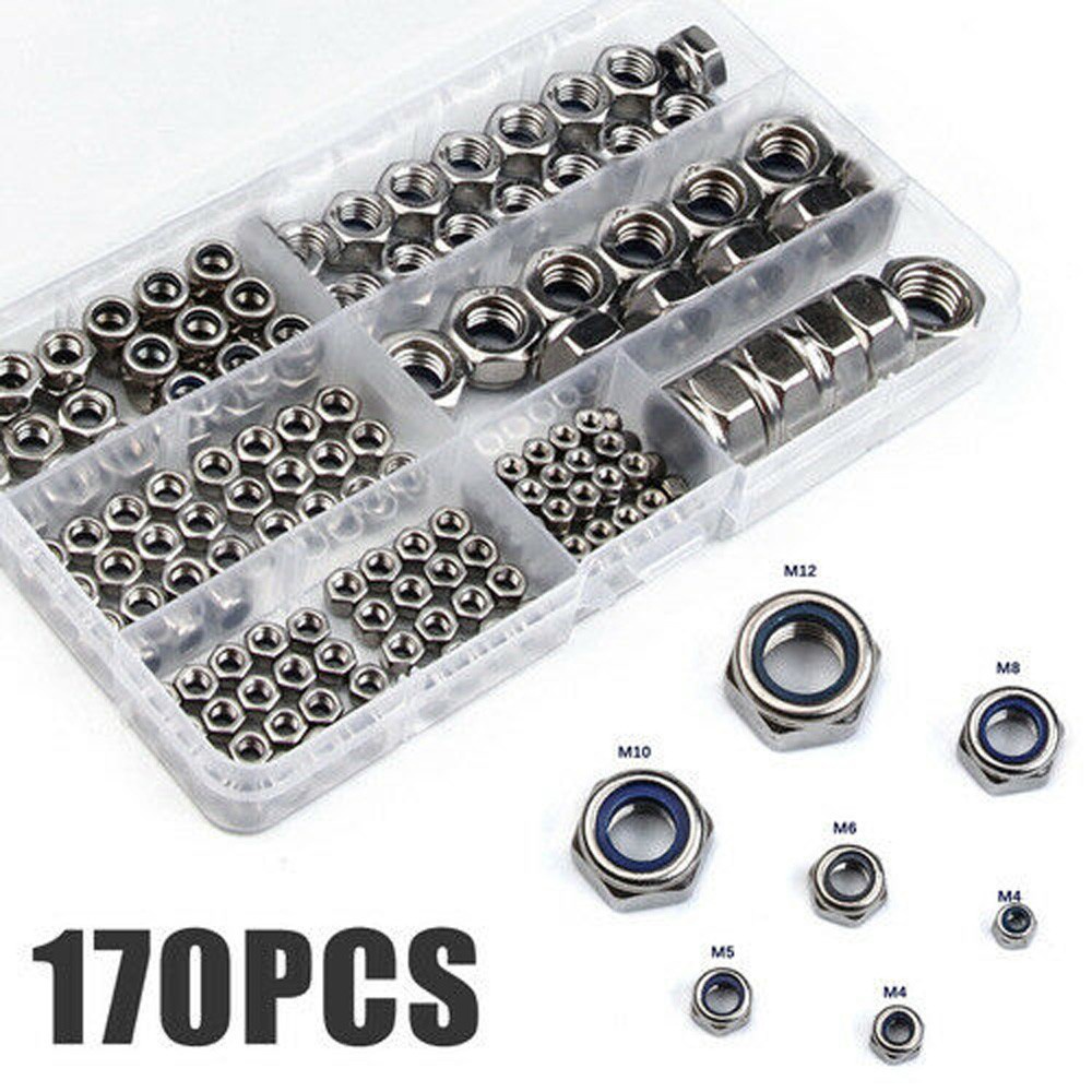 FSFO_170Pcs/set Stainless Steel Lock Nuts M3 M4 M5 M6 M8 M10 M12 Nylon ...