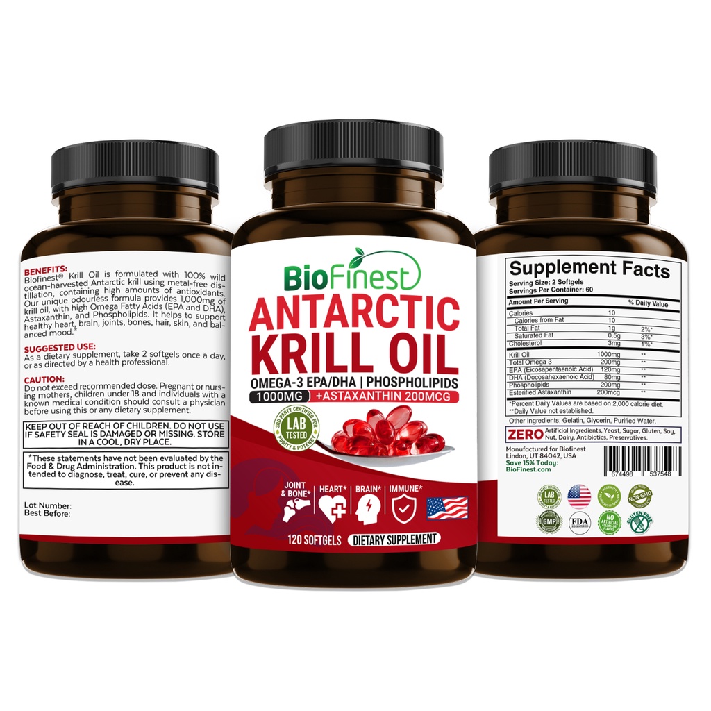 Biofinest Antarctic Krill Oil 1000mg Supplement - 12x EPA DHA Omega 3 ...