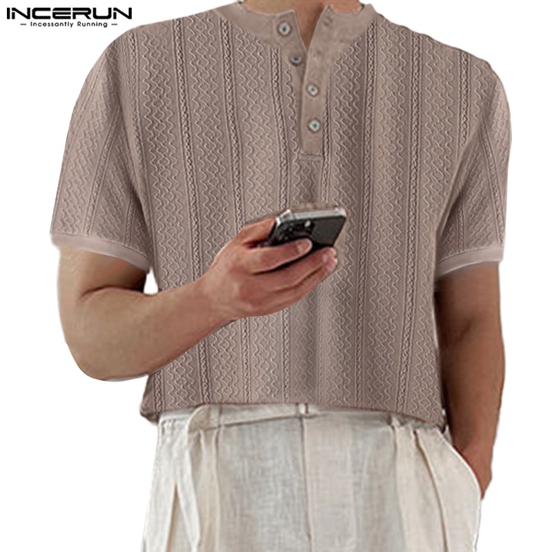 INCERUN Men Summer Short Sleeve Button Up Henley Collarless Knitted T ...