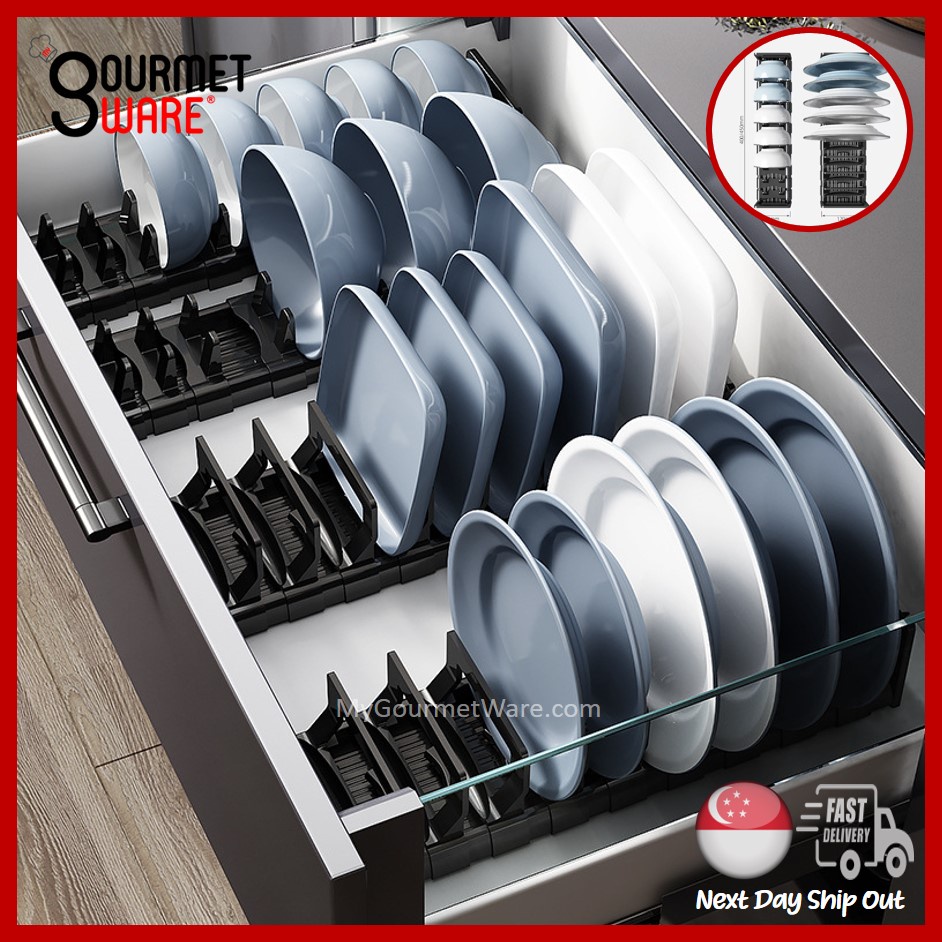 [SG Stock] Adjustable Plate Bowl Rack Storage | Cabinet Drawer ...
