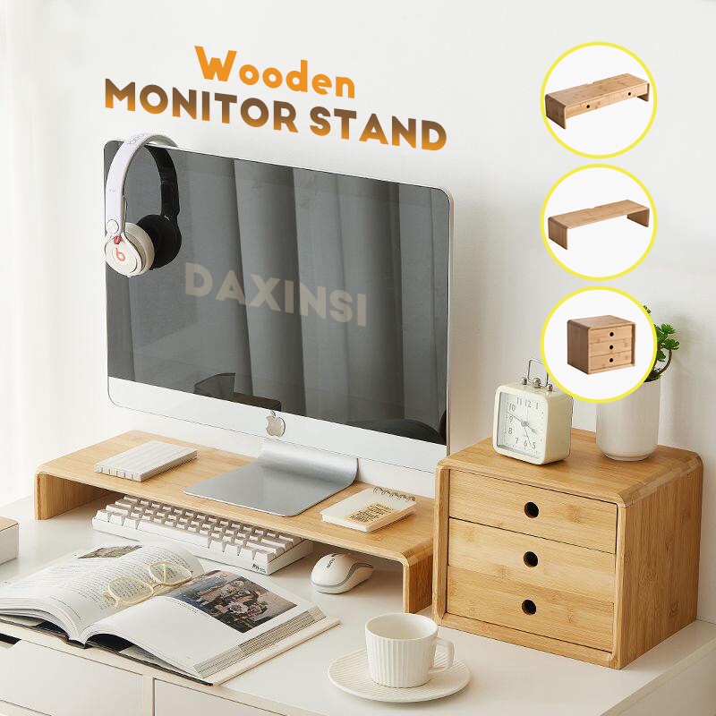 DAXINSI Solid Wood Monitor Stand With Drawer Monitor Riser Computer ...