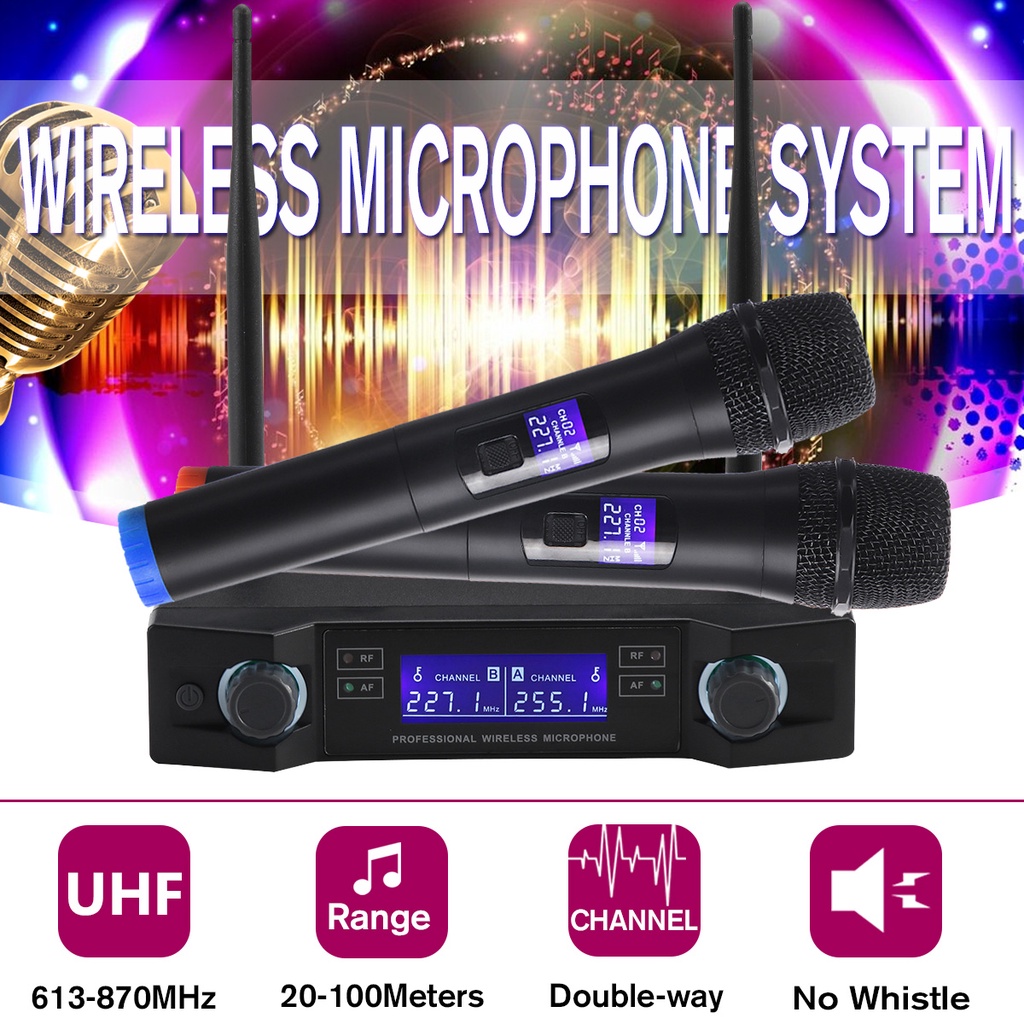 2 Channel Cordless Handheld Mic Long Range for Karaoke Speech UHF ...