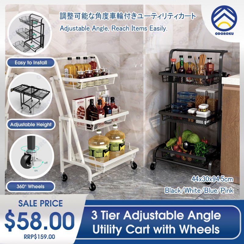 ODOROKU 3 Tiers Adjustable Angle Utility Carts with Wheels Multipurpose ...