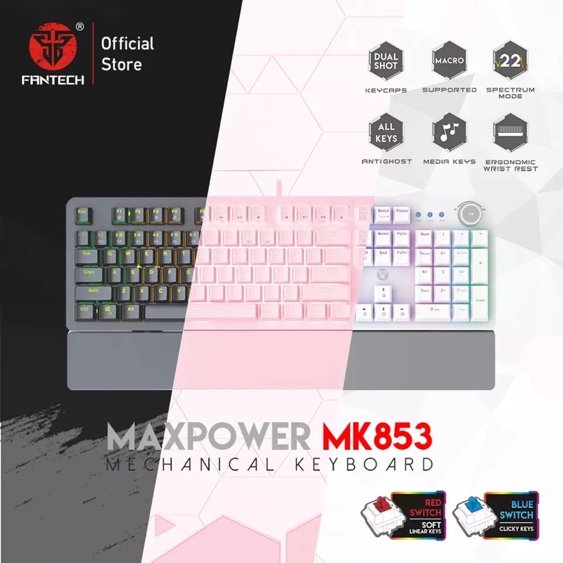 FANTECH MK853 MAXPOWER Ergonomic Mechanical Keyboard 104 Keys LED ...