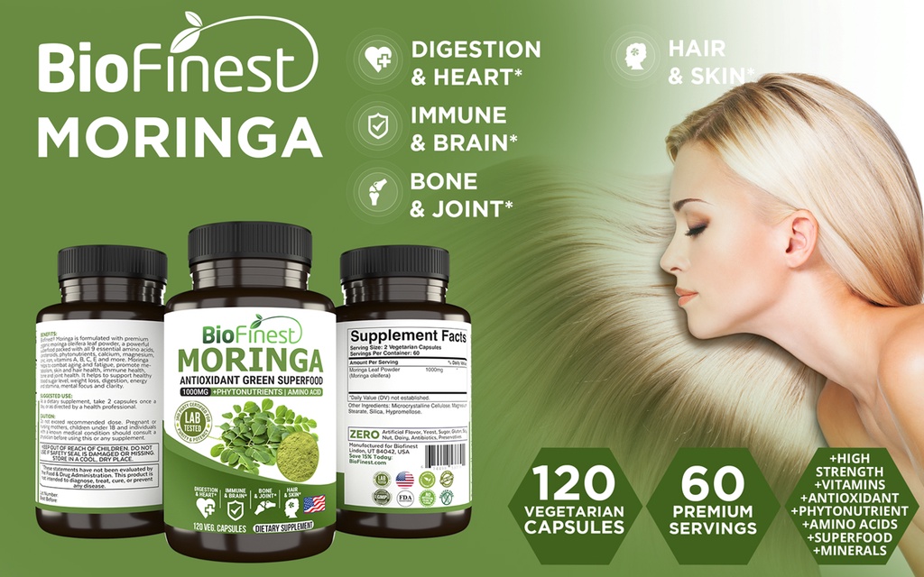 Biofinest Moringa Leaf 1000mg Supplement - Antioxidant Superfood Powder ...