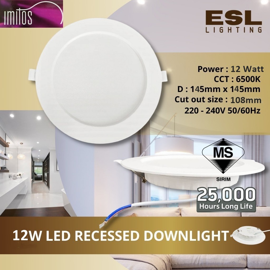 ESL LIGHTING IMITOS Downlight LED Round Recessed 12Watt SIRIM Approved ...