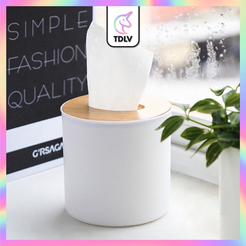 TDLV Round Tissue Box Wood Bamboo Tissue Box Cover Round White Car ...