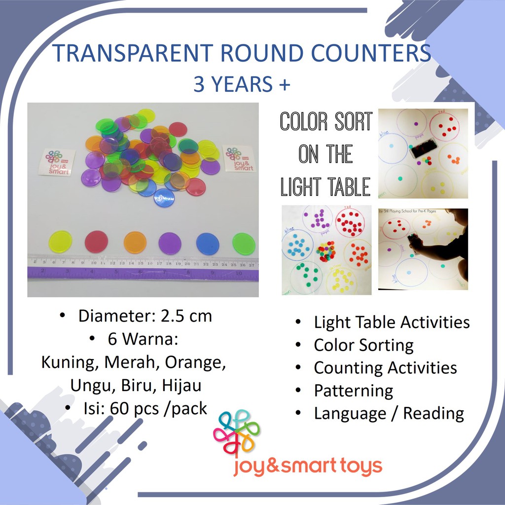 JOY SMART TOYS TRANSPARENT ROUND COUNTERS 60 PCS LIGHT TABLE TOOLS ...
