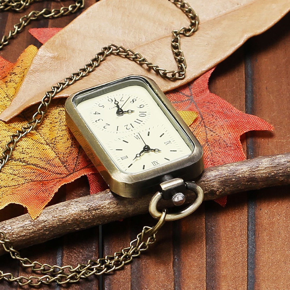 Antique Rectangle Double Time Zone Unisex Quartz Pocket Watch with ...