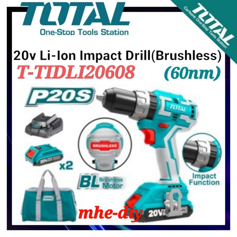 MHE-DIY TOTAL 20V LI-ION IMPACT DRILL BRUSHLESS SET(T-TIDLI20608 ...
