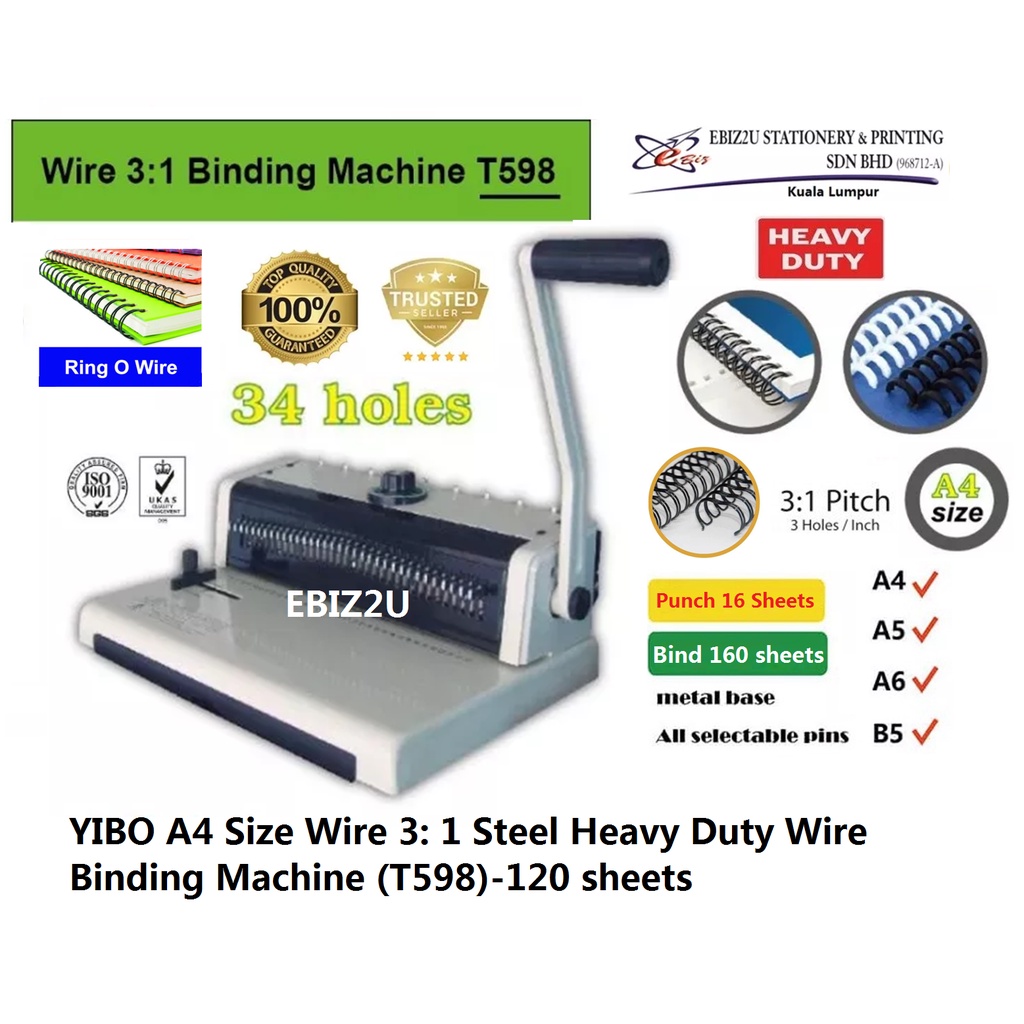 YIBO A4 Size Wire 3: 1 Steel Heavy Duty Wire Binding Machine T598 - 120 ...