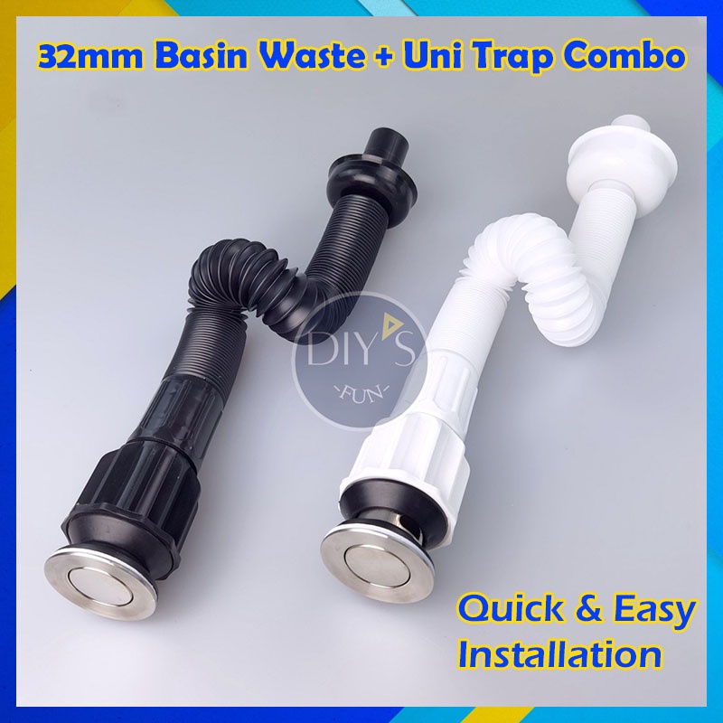 Flip Top Toilet Basin Waste with 1 1/4" 32mm Uni Trap / Flexible Hose ...