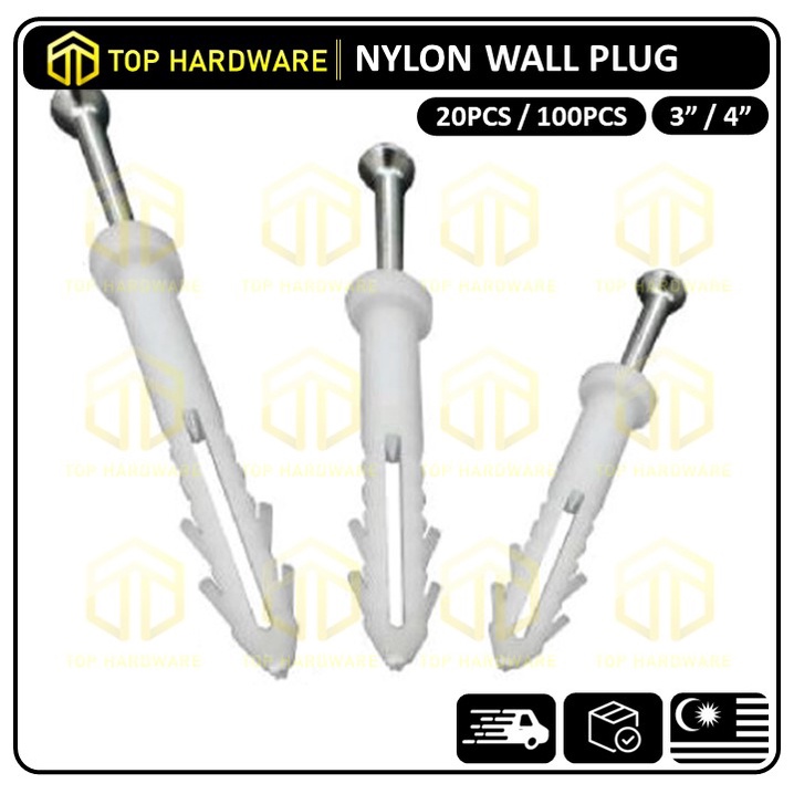 TOP (20pcs/100pcs) 3” 4” Nylon Plastic PVC Anchor Wall Plug with Screws ...