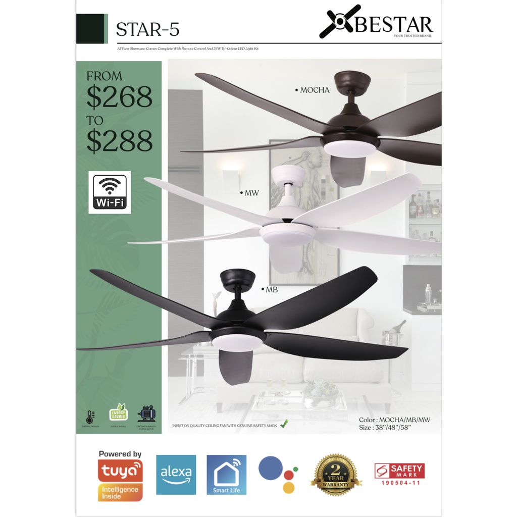 BESTAR STAR 5 DC Motor Ceiling Fan with LED Light and Remote Control ...