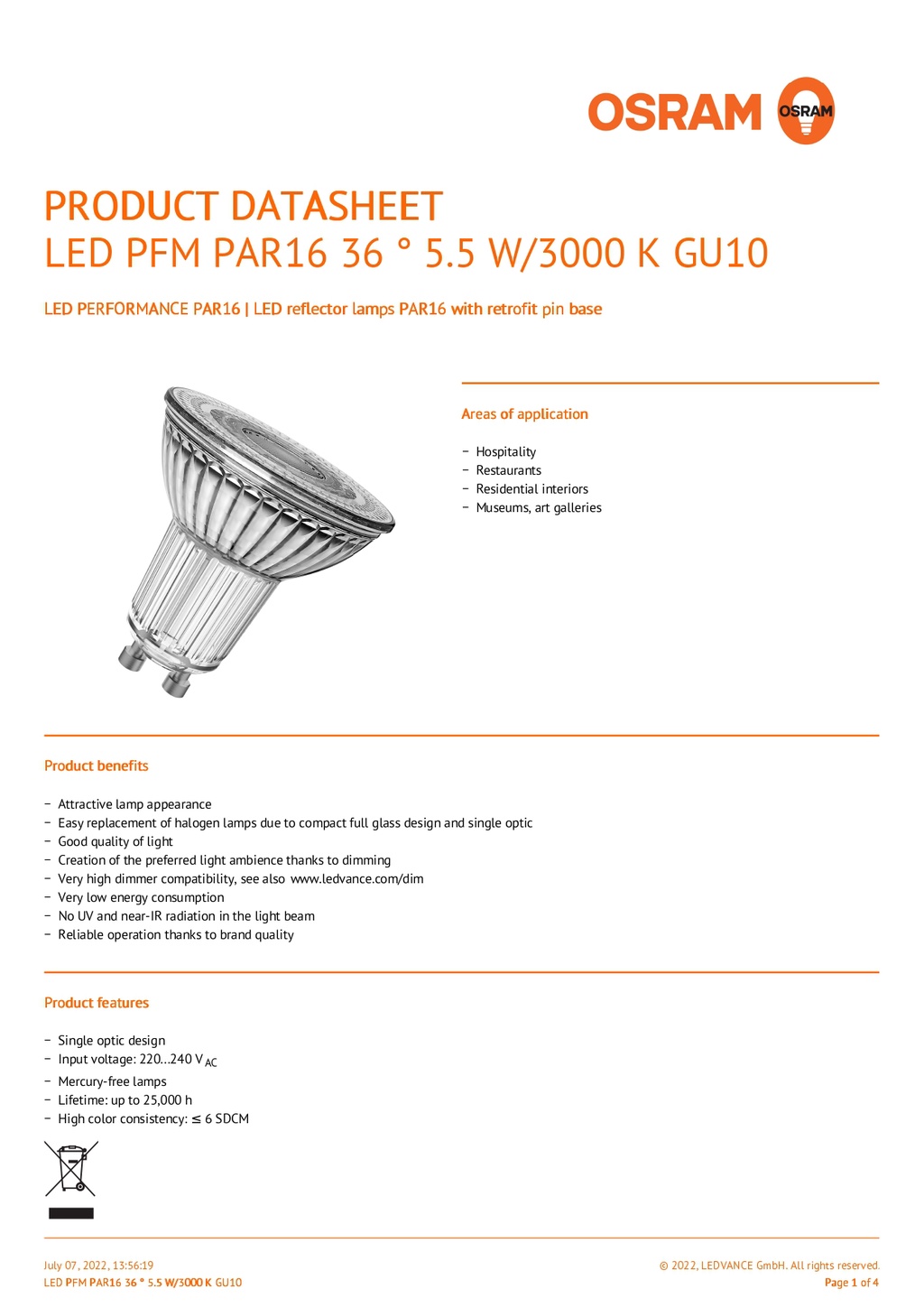 OSRAM LED PARATHOM PAR16 80 36° 7.5W GU10 (2700K/3000K/4000K/6500K ...