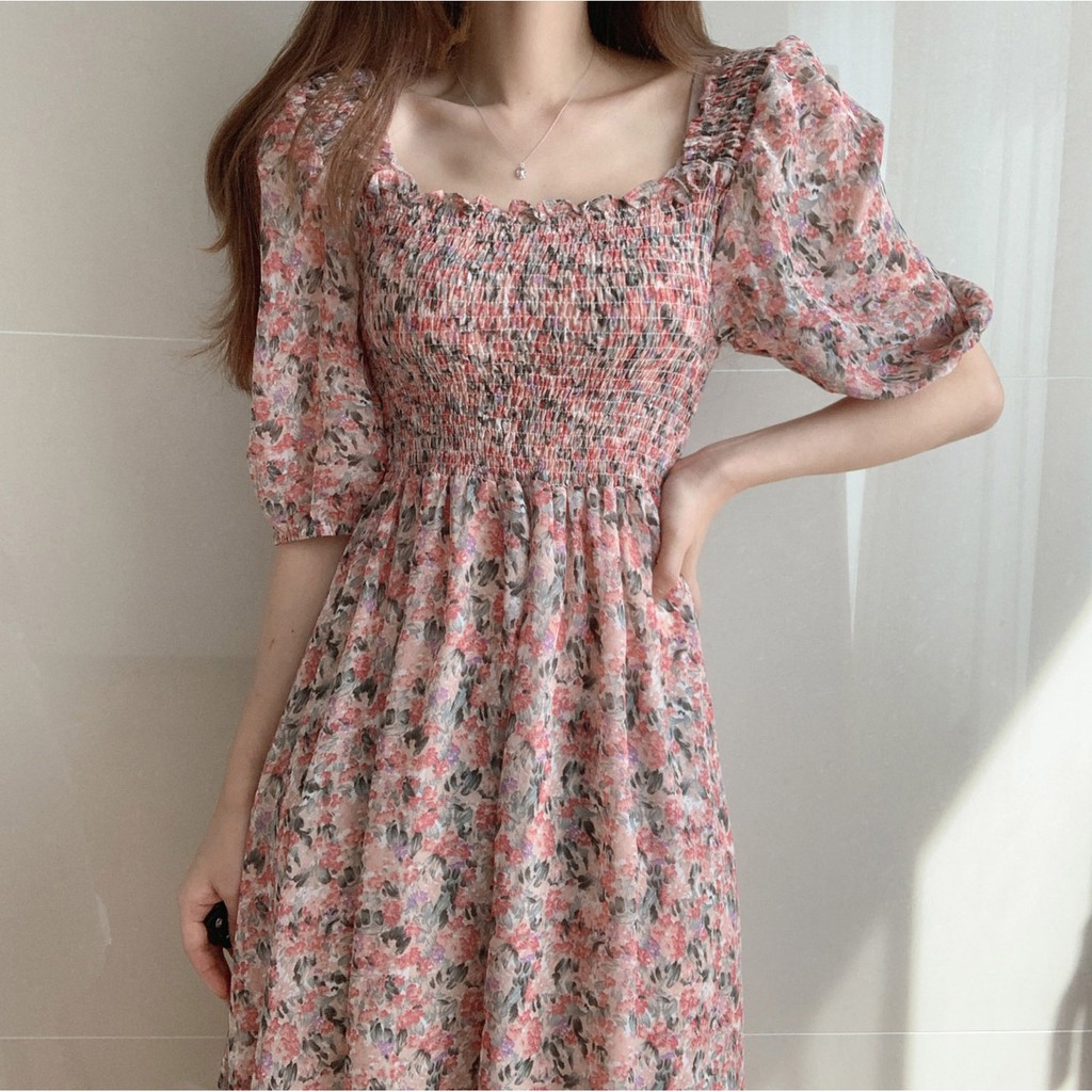 Korean Style Women Summer Chiffon Floral Short Sleeve Square Neck Maxi ...