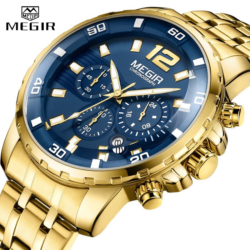 MEGIR New Luxury Men Watch Gold Business Full Steel Quartz Analog ...