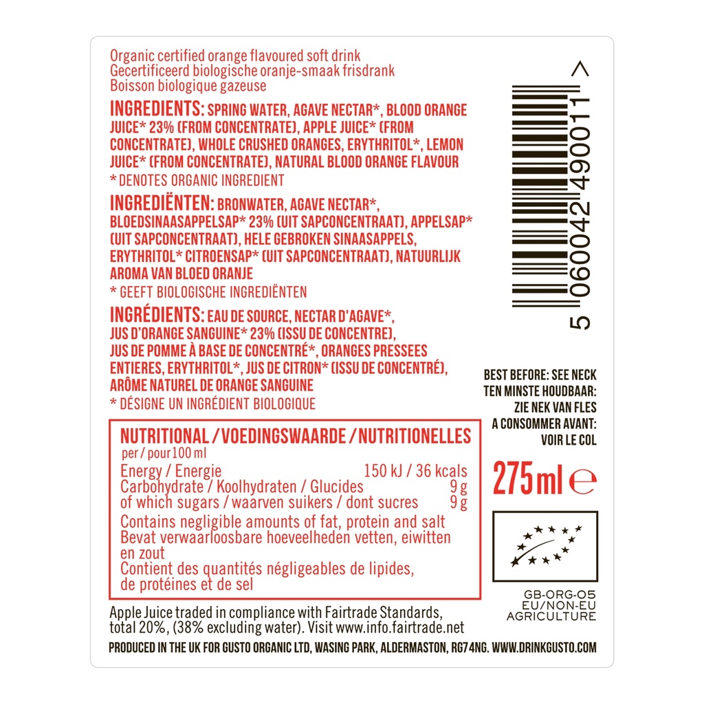 Gusto Organic Sicilian Blood Orange & Agave Organic Beverages (6 ...