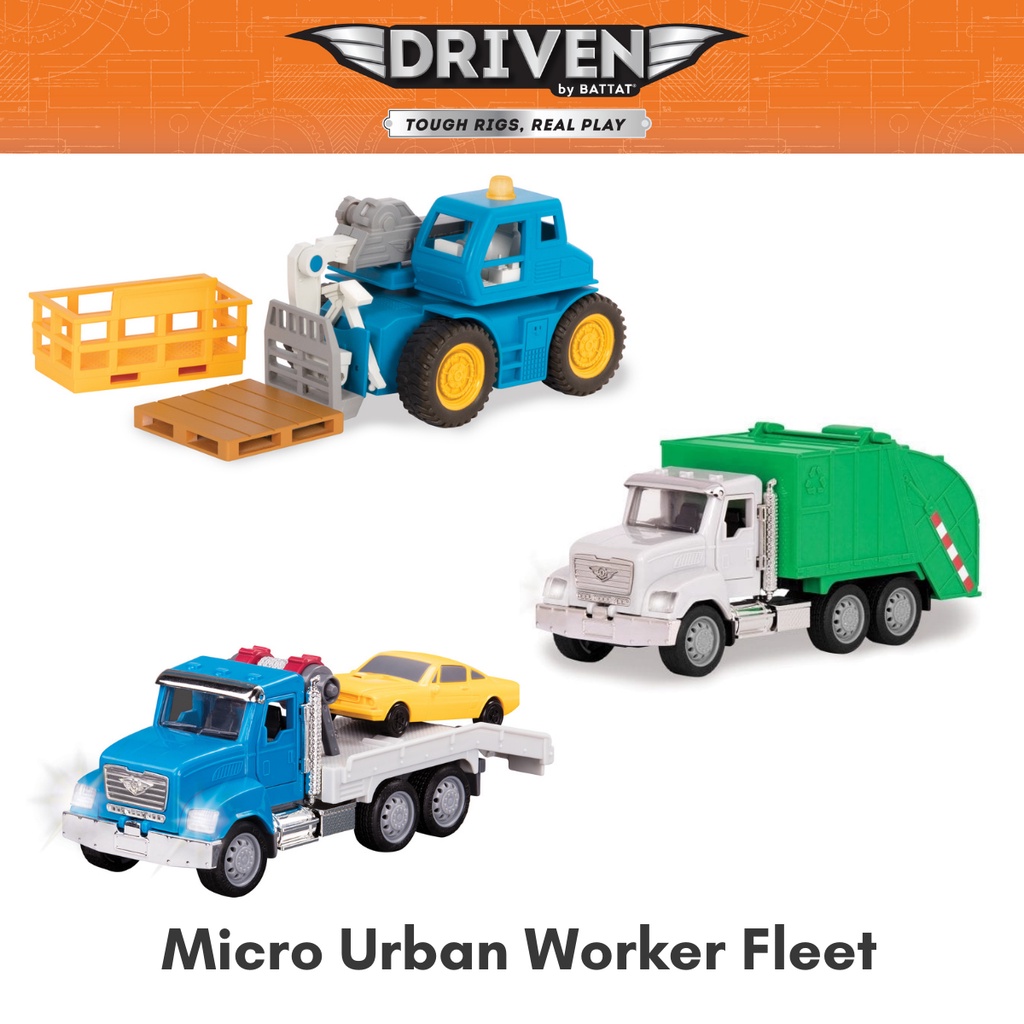 [Driven by Battat] Micro Urban Worker Fleet Set of 3 - Tow Truck, Recycling Truck, Telehandler ...