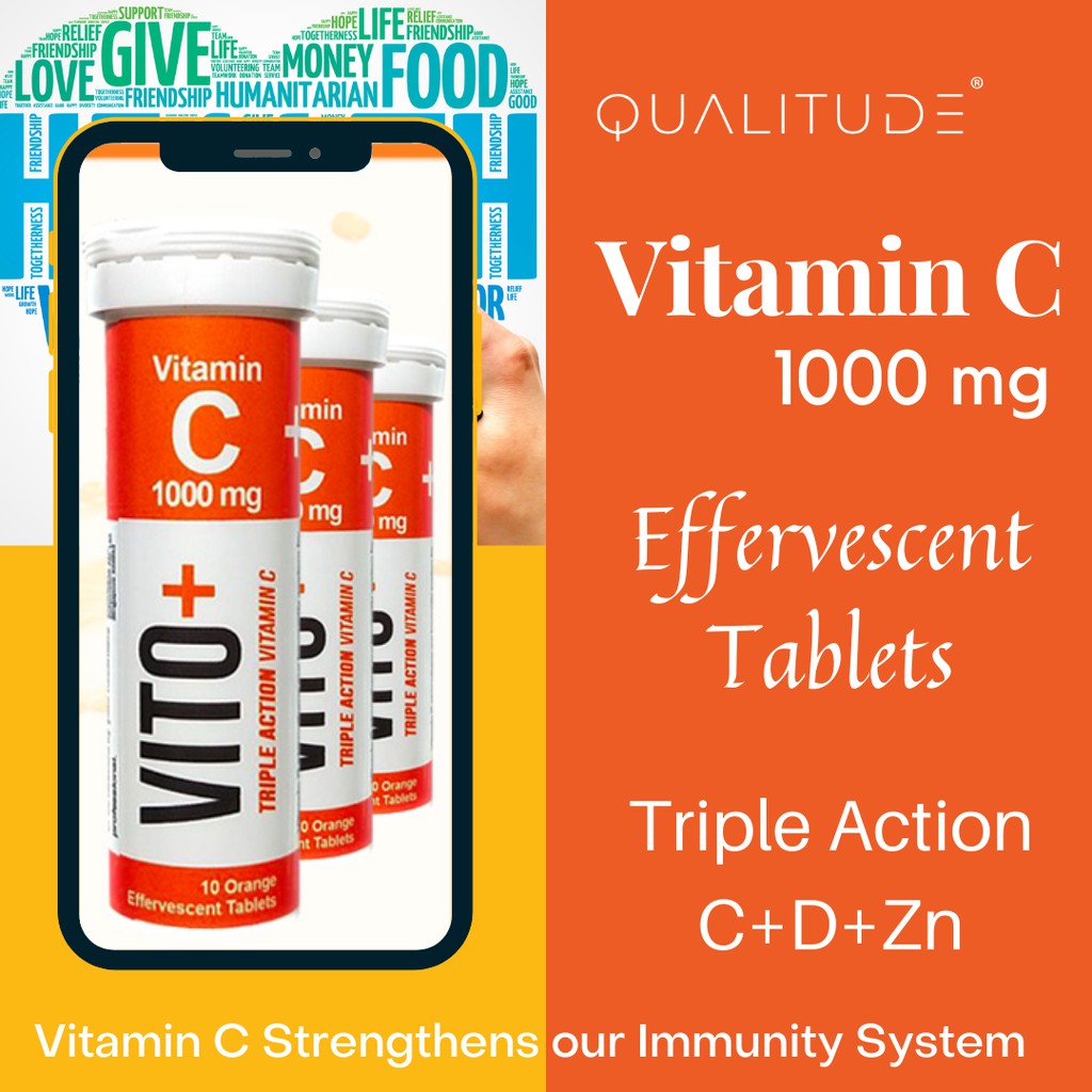 VITO+ Vitamin C 1000mg Effervescent Tablets Triple Action C+D+Zn ...
