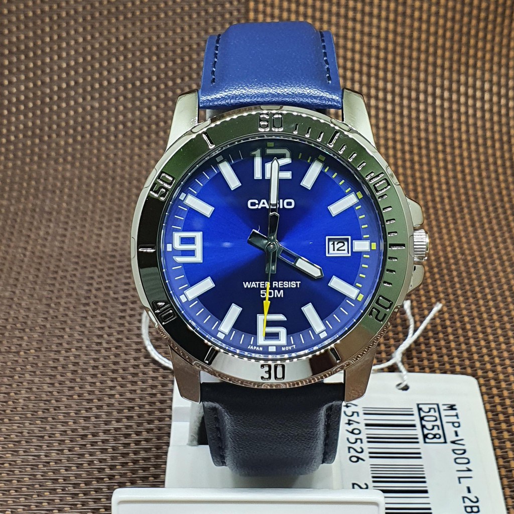 Casio MTP-VD01L-2B Analog Quartz Blue Dial Blue Leather Round Date Men ...