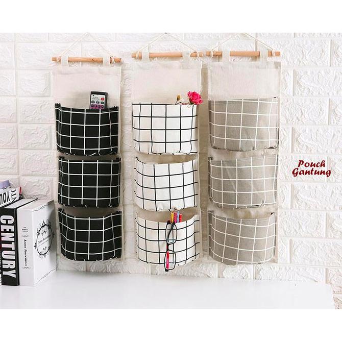 KAYU 3-tier, Plaid Hanging Pouch (Complete With Rope And Wood) | Shopee ...