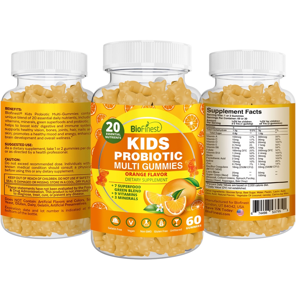 Biofinest Kids Probiotic MultiVitamins Green Superfood Gummy Supplement ...