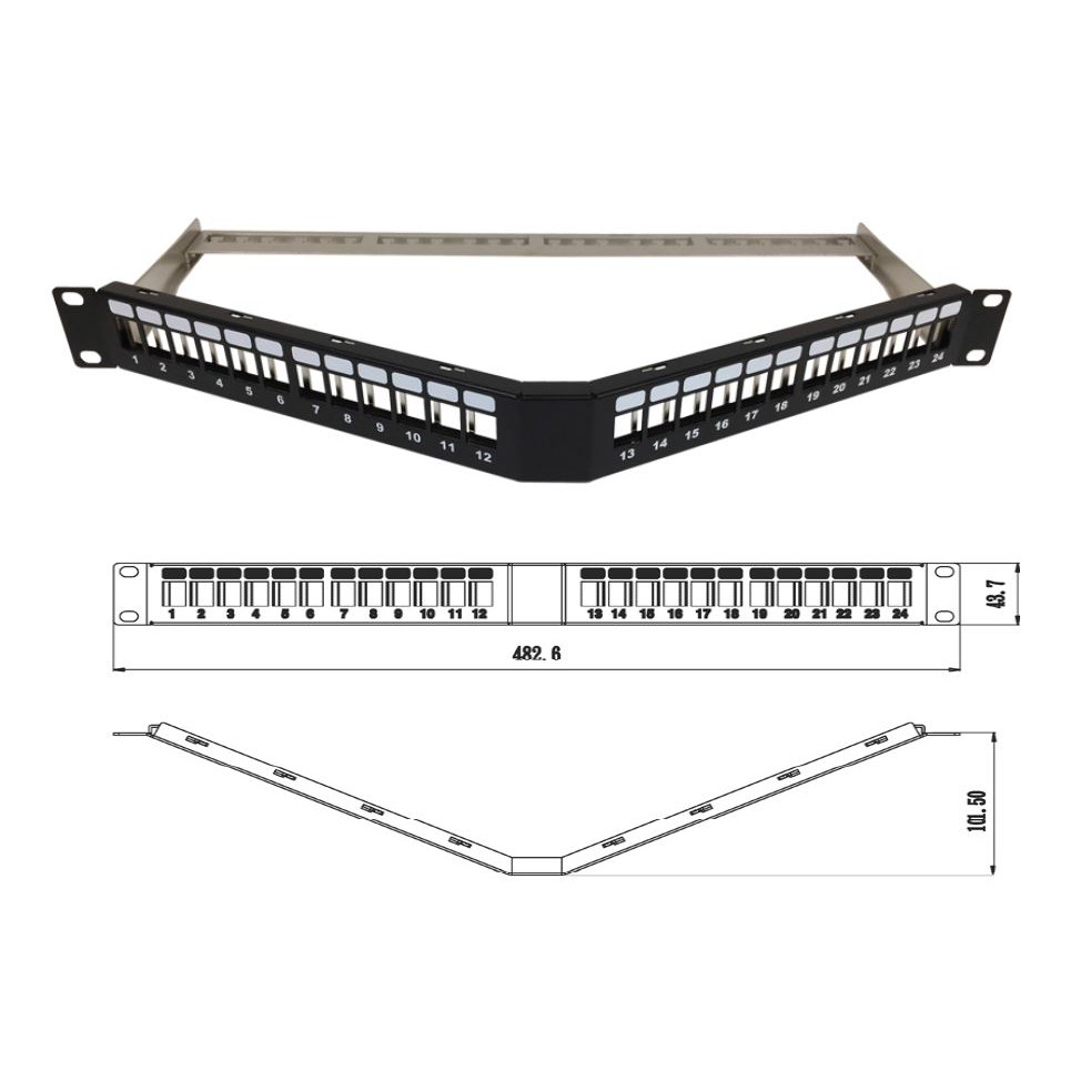 Giga-Maxx 19" Angled 1U FTP Patch Panel with back bar 24 Port Empty ...