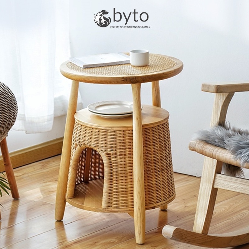 Byto Rattan Coffee Table with Cat Nest Japanese Small Round Coffee ...