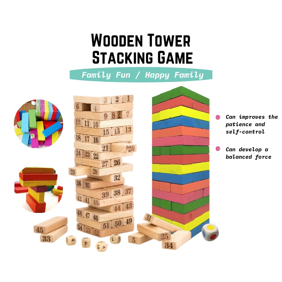 Folds High Wooden Number & Colour Stacking Block/Tumbling Tower ( 48 ...