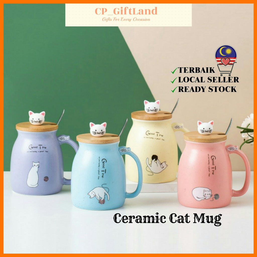 450ML Cute Cat Ceramic Mug With Cover and Spoon Tea Cup Water Cup Door ...