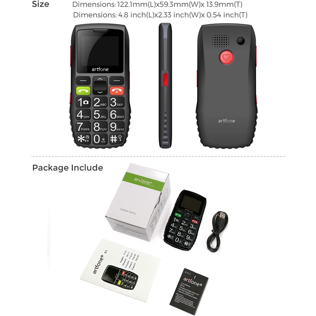 Artfone C1 Big Button Mobile Phone for Elderly, Unlocked Senior Mobile Phone With SOS Emergency ...
