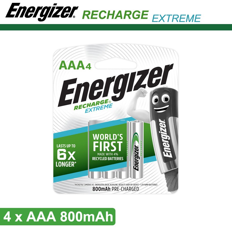4 x Energizer Recharge Extreme AAA 800mAh Rechargeable Batteries ...