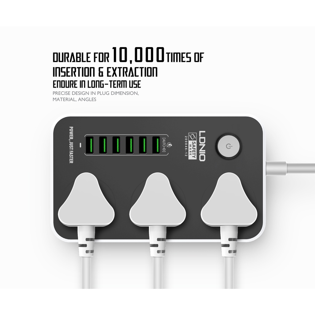 LDNIO Power Socket with UK 3 Pin +6 USB Fast Charger 250V/2500W/10A ...