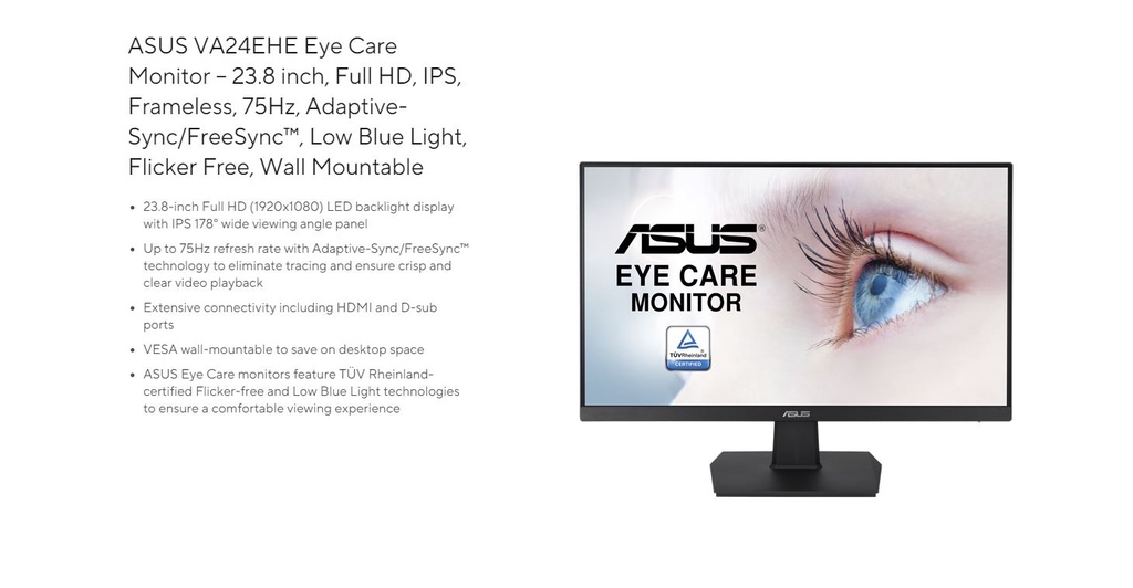 ASUS VA24EHE 23.8, 24" inch Full HD IPS Monitor / Frameless / 75Hz ...