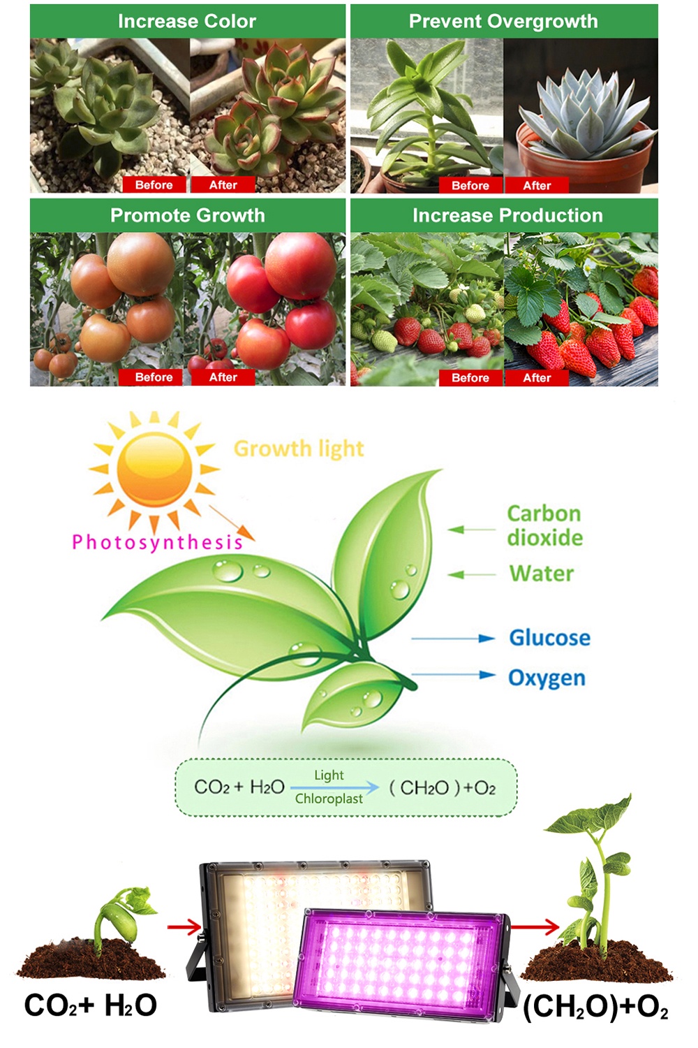 Upgrade LED Grow Light Full Spectrum 50W 100W 300W Plant Light Sunlight ...