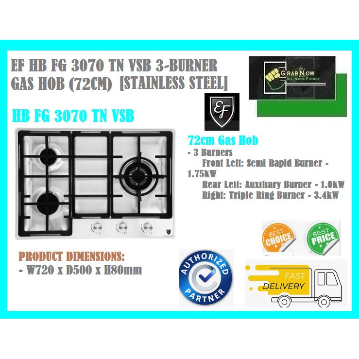 EF HB FG 3070 TN VSB 3 BURNERS STAINLESS STEEL GAS HOB | Shopee Singapore