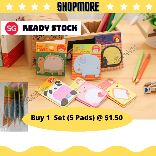 Sticky Notes Animal Sticky Pad Cute Cartoon 5 Pads Set | Shopee Singapore