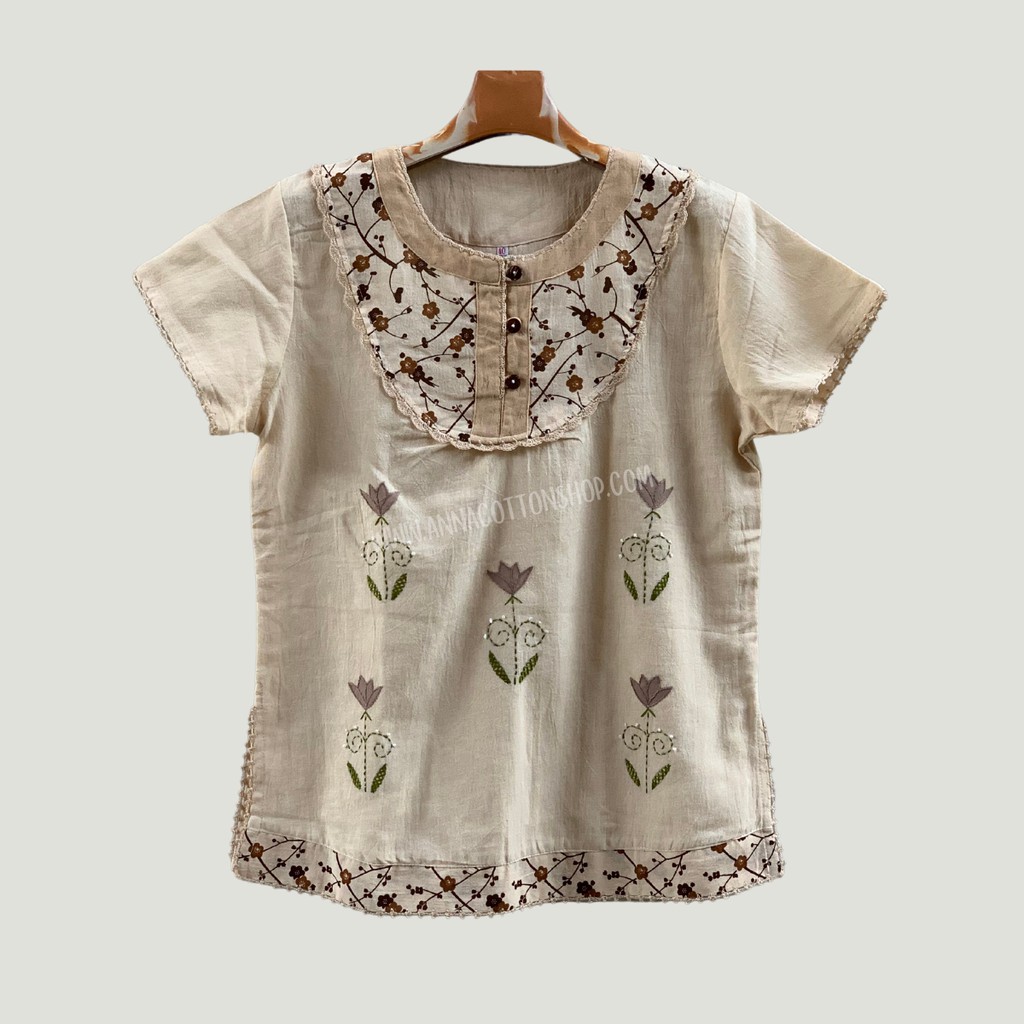 Round Neck Cotton Women Blouse Hand Embroidery Beautiful Knitting Work ...