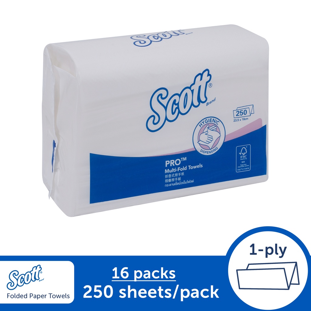SCOTT Pro Multi Fold Towel 26165 - 1 ply sheets (Flushable) 23.8cm (L) x 18cm (W) 16 packs ...