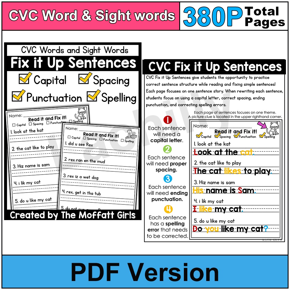 CVC words & sight words sentence practice worksheet in English for kids ...