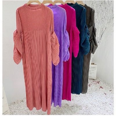 Korean Style Women Ladies Autumn Long Sleeve Loose Chiffon Pleated Maxi ...