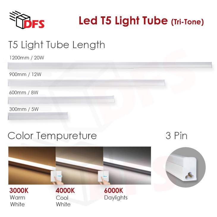 [BUY 5 FREE 1] DFS LED LIGHT LED Tube T5 LED Tube TRI-TONE [300mm/600mm ...