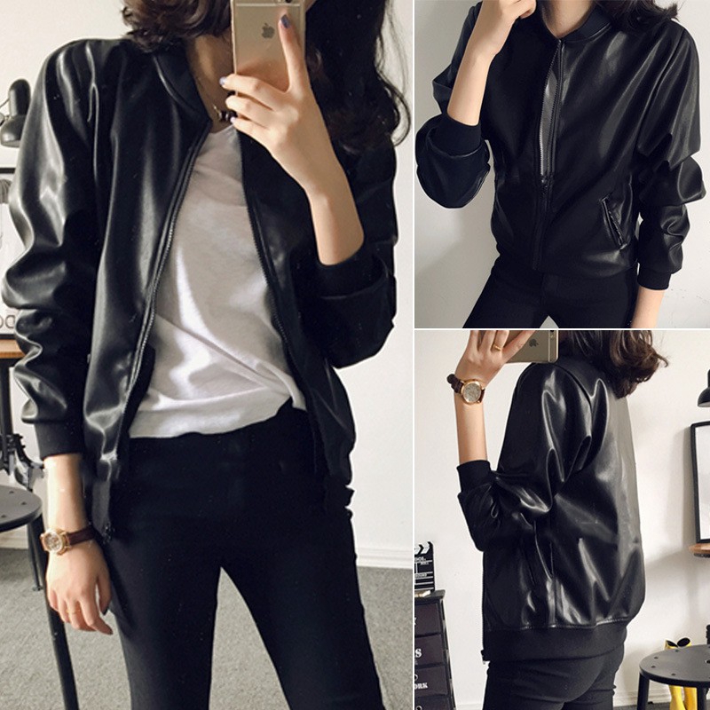 [Ready Stock] fashion Contracted Black Bomber PU Leather Jacket Short ...
