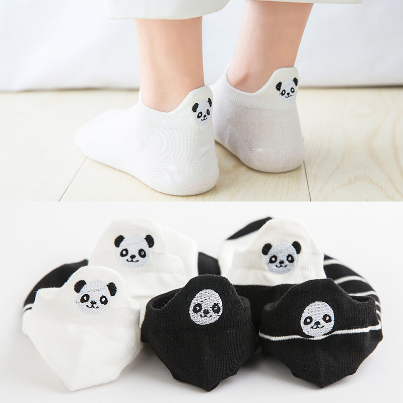 Womens Cute Panda Cow Embroidered Cartoon Low Cut Socks Cotton Black ...