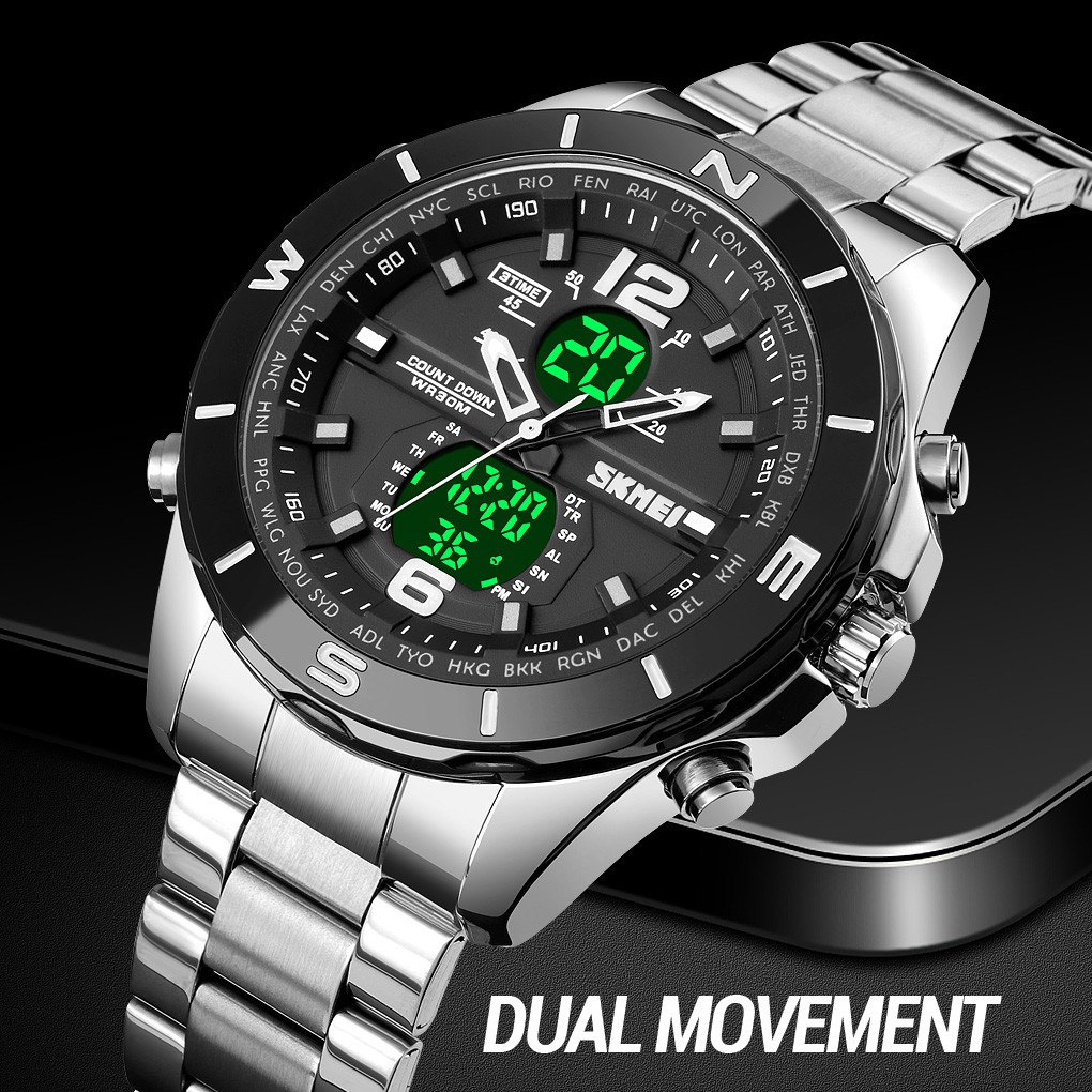 Skmei Luxury Mens Quartz Watches Stainless Steel Strap Dual Time Zones ...