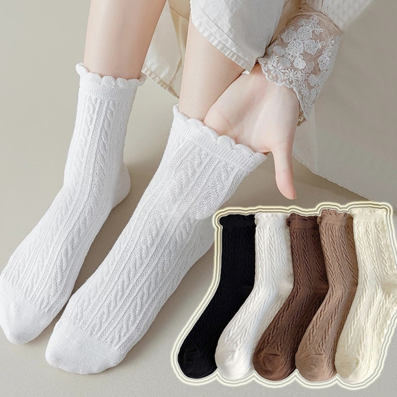 Women Japanese Cute Lace Ruffle Middle Tube Socks /Ladies Solid Color ...
