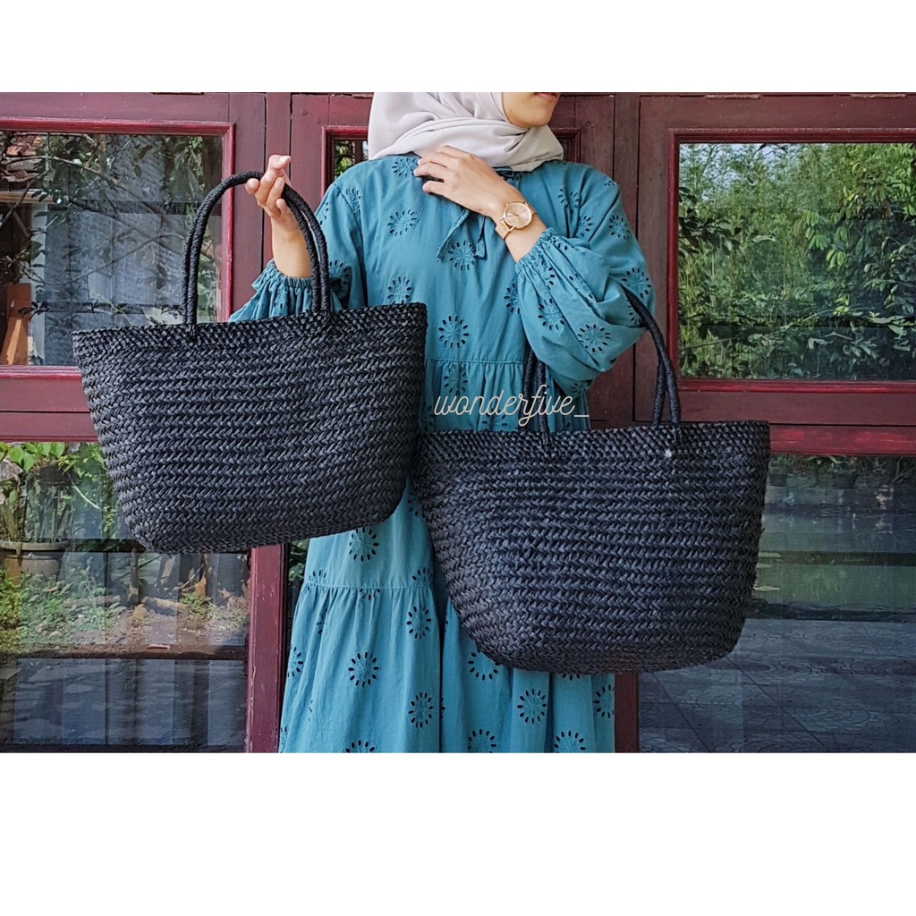 Pandan Mendong Oval Handicraft Woven Bag Full Black Ethnic Traditional ...