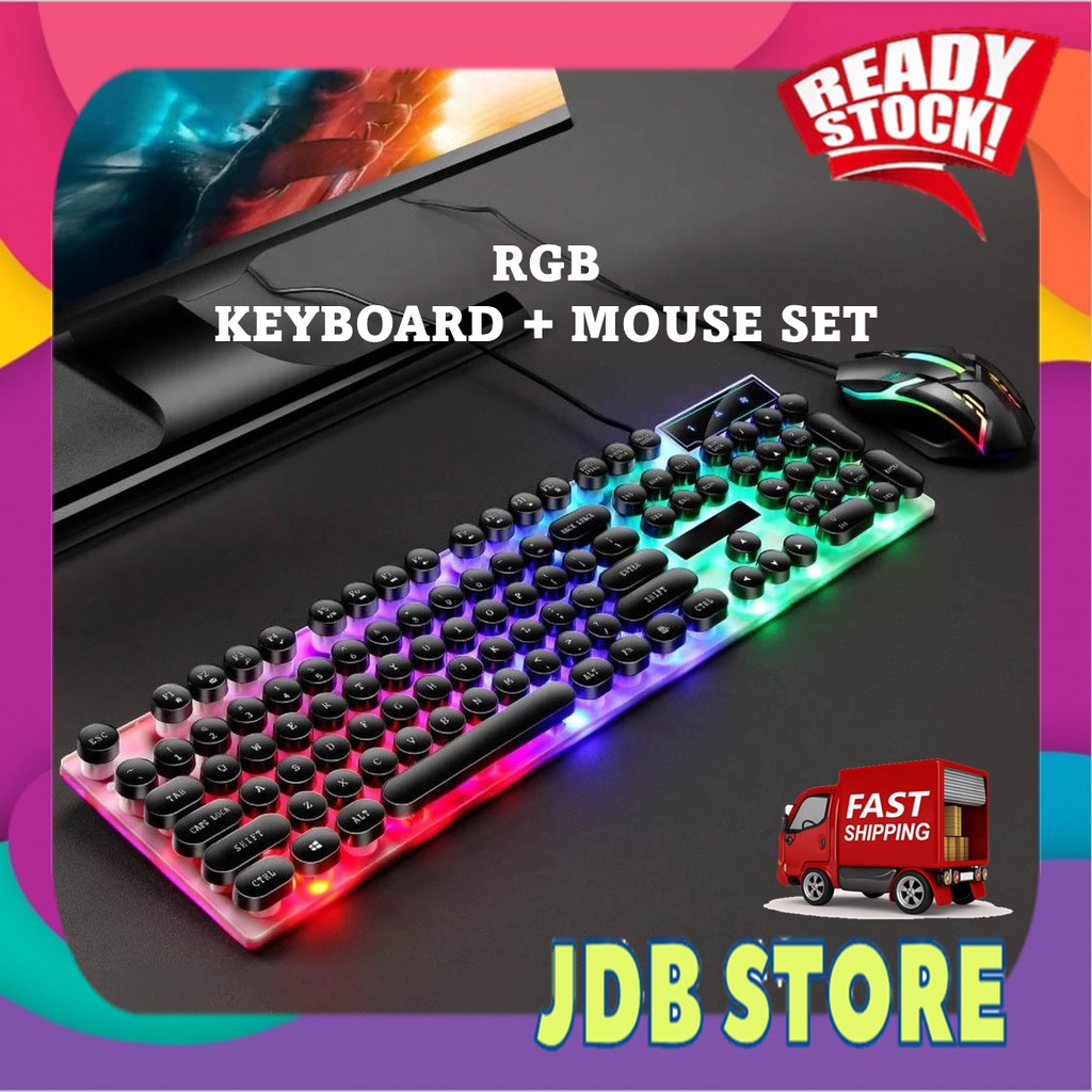 RGB GAMING KEYBOARD + MOUSE SET COMPUTER ROUND KEY CAPS FLOATING KEY ...